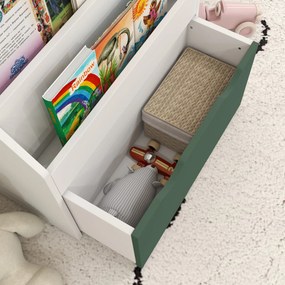 Dětská knihovnička AIYAPLAY s hračkami a úložným prostory, víceúrovňová s 3 policemi a šuplíkem, 62,5L x 30Š x 70V cm, Zelená | Aosom