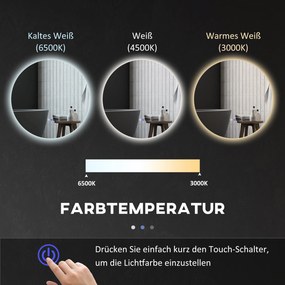 Kleankin kulaté LED nástěnné zrcátko, dotykový spínač, měnící barvu 3000K-6500K, proti mlze, ø 70 cm, bílá/stříbrná