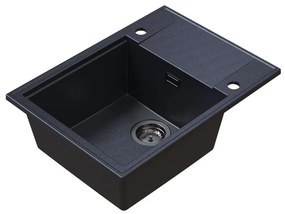 Sink Quality Sink55, kuchyňský granitový dřez 620x460x215 mm + grafitový sifon, černá skvrnitá, SKQ-SINK.B.1KKO.XB