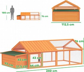 PawHut Venkovní kurník 240x112,5x76 cm Dřevěný kurník s otevírací střechou, uzamykatelnými dveřmi a hnízdící krabicí pro kuřata, králíky a kachny