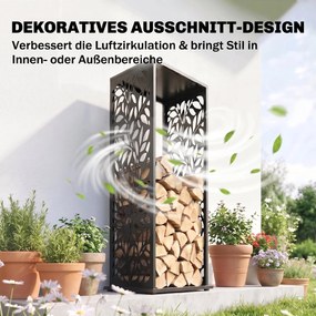 Outsunny Dřevník 38 x 112 cm, zvýšený dřevník s 4 háčky, dekorativní výřezy, nosnost až 100 kg, ocel