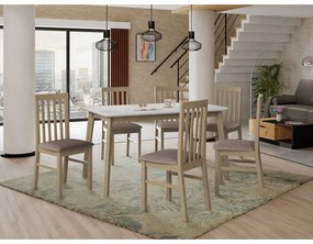 Rozkládací jídelní stůl se 6 židlemi AL16, Barva dřeva: bílá, Potah: Hygge D20, Barvy nožiček: Sonoma