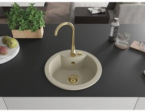 Mexen Diego, granitový dřez 488x488x167 mm, 1-komorový, béžová se zlatým sifonem, 6512481000-69-G