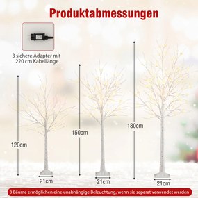 Costway Sada 3 svítících LED bříz 120/150/180 cm, bílá