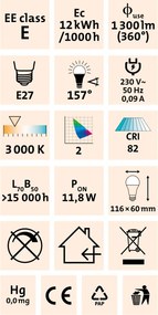 žárovka LED klasická, 12W, 1055lm, E27, teplá bílá