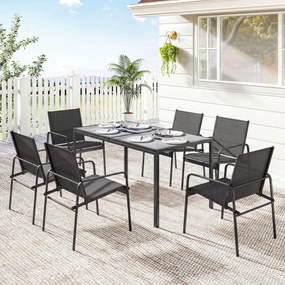 Outsunny Sada zahradního nábytku sedací souprava 150 x 80 cm stůl se 6 prodyšnými židlemi vzhled dřeva ocelový rám černý