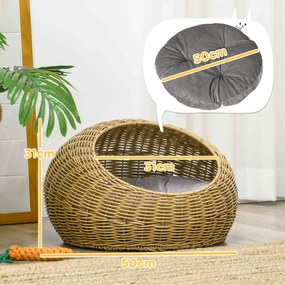 PawHut ratanový košík pro kočky s polštářem pro kočky do 4 kg, vnitřní jeskyně pro kočky z PE ratanu, Ø50 x 31 cm, světle hnědý pro útulné útočiště |…