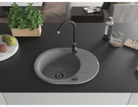Mexen Kevin, granitový dřez 586x458x190 mm, 1-komorový, šedá s černým sifonem, 6517581005-71-B