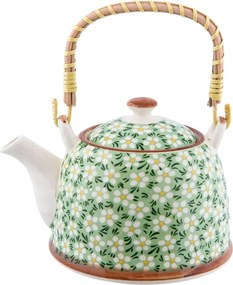 Zelená porcelánová konvička s kvítky a se sítkem - Ø 18*14*12 cm / 0,7L