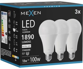 Mexen Nova 3x LED žárovka E27, A70, 18W, Neutrální - 4000K, 1890 lm - L100-E27-1840-01x03