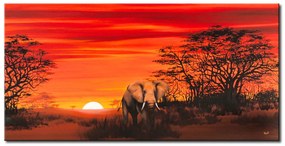 Obraz Osamělý slon (1dílný) - krajina s přírodou savany na pozadí slunce