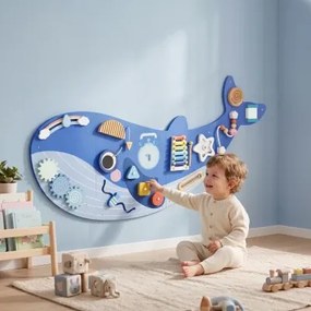 AIYAPLAY Montessori motorická deska 13v1 dřevěné Busy Board ve tvaru velryby, nástěnně montovaná herní deska s xylofonem, hodinami a ozubenými koly