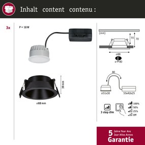 Paulmann 94869 Cole Coin, set bodovek v černé úpravě, 3x6W LED 2700K tříkrokové stmívání, prům. 8,8cm, IP44