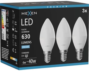 Mexen Nova 3x LED žárovka E14, C37, 6W, Studená - 6500K, 630 lm - L102-E14-0665-01x03