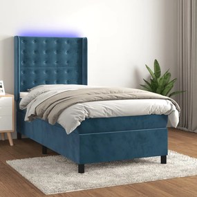 Box spring postel s matrací a LED tmavě modrá 90x190 cm samet
