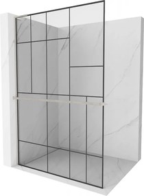 Mexen Kioto+ L, sprchová zástěna Walk-In s poličkou a věšákem 70 x 200 cm, 8mm čiré sklo černý vzor, ​​broušená ocel profil, 800-070-123-97-78