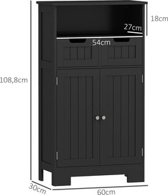 Kleankin Koupelnová Skříňka se 2 Zásuvkami, Niche, Skříň s Dveřmi, Nastavitelná Polička, Koupelnová Skříňka, 60 x 30 x 109 cm, Černá | Aosom