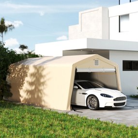 Carport stání Outsunny 6,2L x 3,3W x 2,4H m, Pevný pozinkovaný ocelový rám, voděodolný polyethylen 150 g/m², Anti-UV, 1 Khaki dveře a 2 větrání