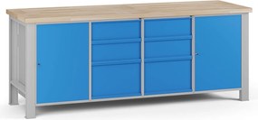 Dílenský pracovní stůl G7, buková spárovka, 2100 x 685 x 840 mm, 2x skříňka, 6 zásuvek, modrá