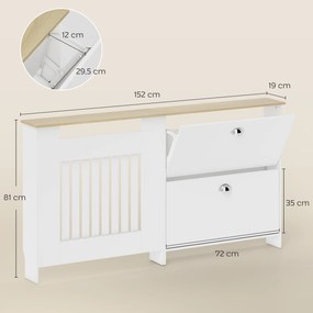 HOMCOM kryt topení s botníkem Kryt topení se 2 sklápěcími přihrádkami 152x19x81 cm Bílá