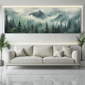 Obraz na plátně - Les s horami v mlžném oparu FeelHappy.cz Velikost obrazu: 180 x 60 cm
