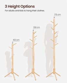 Masivní dřevěný stojan na kabáty s 8 háčky, 175 cm vysoký
