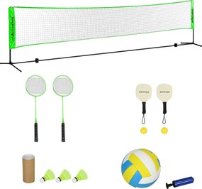 SPORTNOW Badminton Set, Síť na badminton s stojanem, míčky, 4 rakety, nastavitelné volejbalové síť, s taškou na nošení, pro vnitřní a venkovní použití