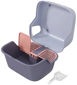 PawHut kočičí toaleta s víkem, kočičí toaleta se sítkem, lopatka, uzavřený kočičí záchod pro malé kočky do 3,5 kg, vnitřní, plast, fialová