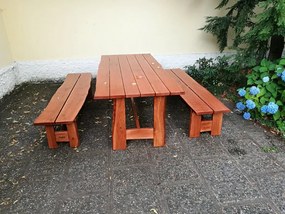 KULHÁNEK Zahradní dubová sestava - stůl, 2x lavice bez opěradla (rustikální provedení) Délka: 300 cm, Odstín nátěru: olej - modřín