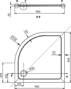 Aqualine Tecmi PQ559 čtvrtkruhová sprchová vanička 90 x 90 x 3 cm litý mramor
