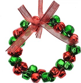 Zeleno-červená dekorace závěsný kruh s rolničkami - Ø 11*2 cm