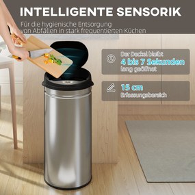 HOMCOM 42l senzorem řízený odpadkový koš s funkcí Soft-Close, bezdotykový odpadkový koš z nerezové oceli pro hygienické kuchyně 851-048V00SR