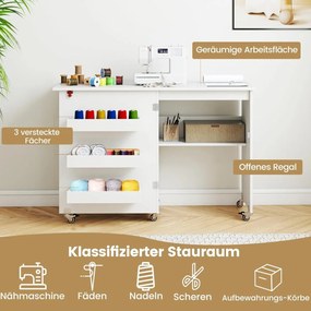Costway Pojízdný skládací šicí stolek s úložnými boxy, bílý