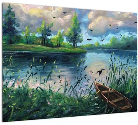 Skleněný obraz - Olejomalba, Letní podvečer u jezera (70x50 cm)