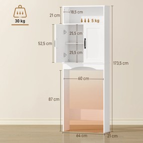 HOMCOM Skříň nad toaletou, koupelnová skříňka se 2 dveřmi s tlumeným dovíráním, otevřená polička 64x21x173,5 cm, bílá