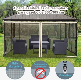 Outsunny 4 boční panely 3,4x2 m pro zahradní altán, síťovina s zipy a kroužky, černá