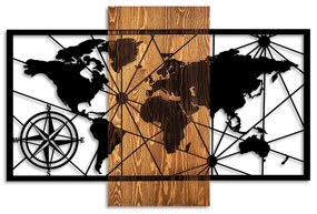 Wallexpert Dekorativní nástěnný dřevěný doplněk World Map 3-M, Ořech, Černá