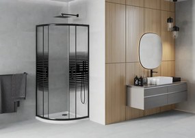 Mexen Rio, čtvrtkruhový sprchový kout s posuvnými dveřmi 80 (dveře) x 80 (dveře) x 190 cm, 5mm čiré sklo s pásky, černý profil + bílá sprchová vanička SLIM, 863-080-080-70-20-4110B