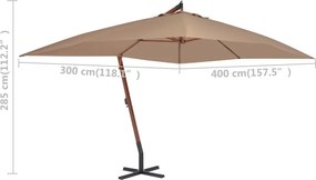 vidaXL Marketos Boční zahradní slunečník s dřevěnou tyčí 400 x 300 cm taupe