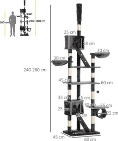 Škrabadlo pro kočky PawHut 240-260 cm vysoké pro velké kočky, šplhací strom se sisalovým lanem v tmavě šedé barvě pro hru a relaxaci | Aosom.de
