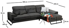 Designová rohová sedačka Heimana 308 cm antracitová - pravá