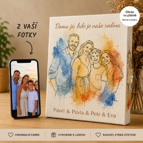 Foto obraz z vlastní fotky na plátno – Personalizovaný rodinný portrét (Line-art s akvarelem) Rozměry obrazu: 80 x 120 cm