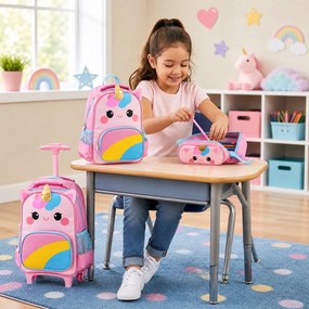 Costway Dětský školní batoh Unicorn s kolečky 3-dílná sada rolovacích batohů
