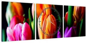 Obraz tulipánů na černém pozadí (s hodinami) (90x30 cm)