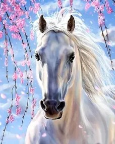 NORIMPEX Malování podle čísel Bílý kůň pod růžovými větvemi / 40x50 cm