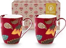 Pip Studio Blooming Tales set 2 ks hrnku 350 ml - tmavě červený (Luxusní set tmavě červených porcelánových hrnků)