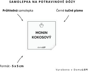 MONIN KOKOSOVÝ - omyvatelná samolepka na dózu, výběr rozměrů Ø 5 cm / 5 x 5 cm / 6 x 8 cm | DomaLEP tvar: OBDÉLNÍK, barva: PRŮHLEDNÁ - ČERNÉ písmo, velikost: š. 6 cm x v. 8 cm - tučné písmo