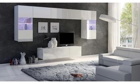 Obývací stěna Bralani II, Barva: dub zlatý / bílá + bílý lesk, Osvětlení: osvětlení LED - modré
