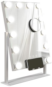 Hollywoodské zrcadlo HOMCOM s osvětlením, 12 LED, 37 x 46 cm, 3 barvy světla, 10x zvětšení, otočné o 360°, USB port pro nabíjení, bílé | Aosom
