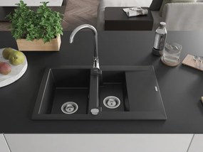 Mexen Gaspar granitový dřez 1,5komorový s odkapávačem 737 x 475 mm, černý, sifon chrom - 6507731505-77
